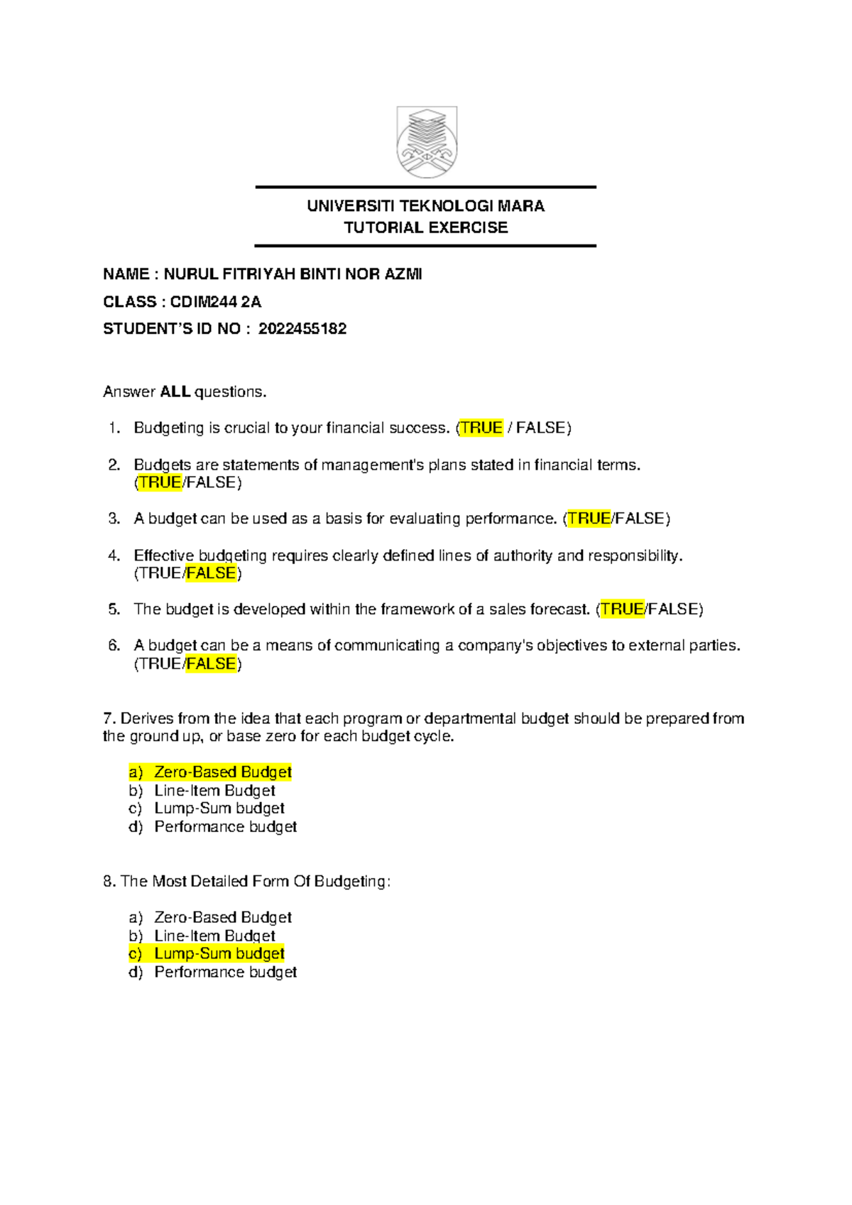 Exercise on Chapter 4 Types of Budgets ( Questions) - 1 UNIVERSITI ...