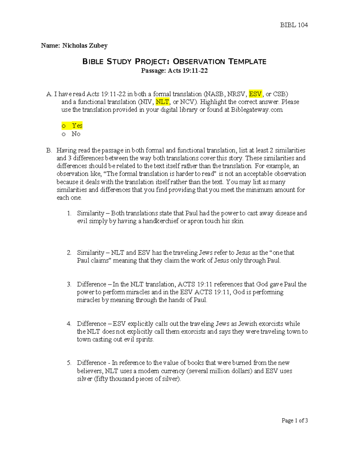 Bible Study Project Observation - BIBL 104 Name: Nicholas Zubey BIBLE ...
