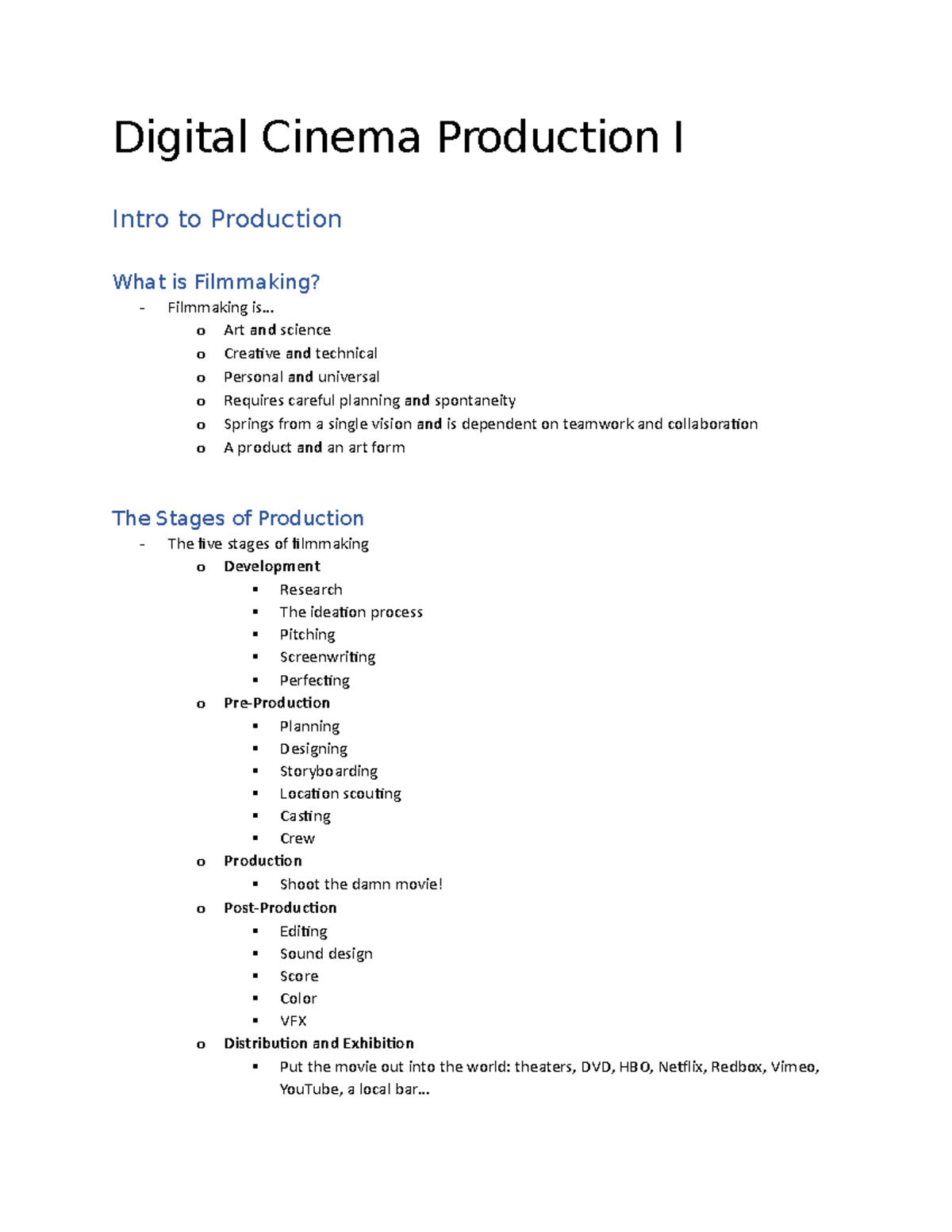 Lecture Notes with Prof. John Klein - Digital Cinema Production I Intro ...