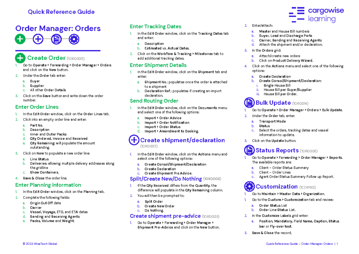QRG+Order+Manager+-+Orders - © 2023 WiseTech Global Quick Reference ...