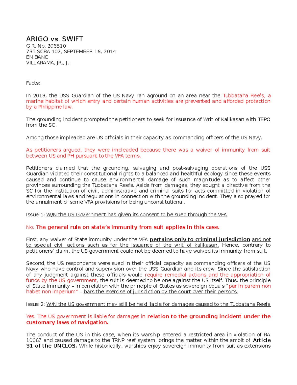 Arigo vs Swift Digest - none - ARIGO vs. SWIFT G. No. 206510 735 SCRA ...