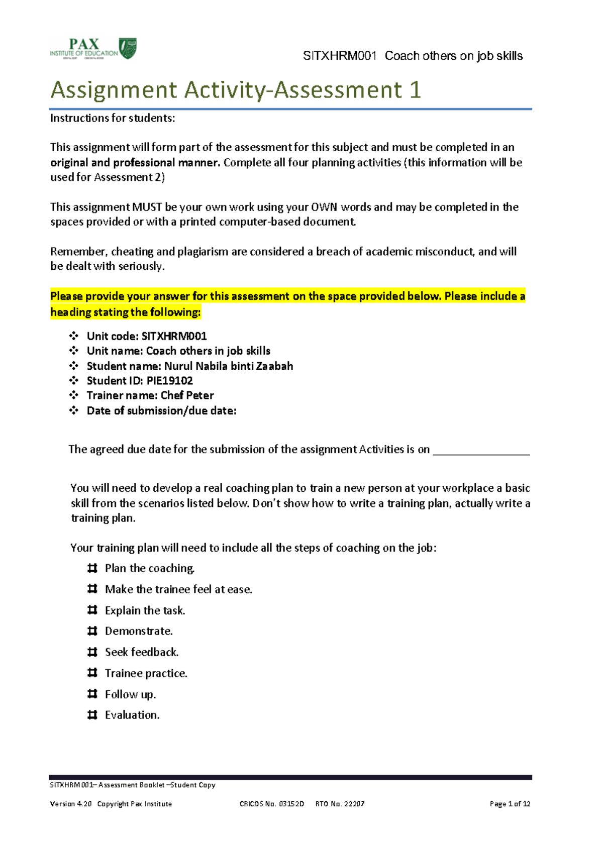 Sitxhrm 001 Assignment Activity-Assessment 1 - SITXHRM001– Assessment ...