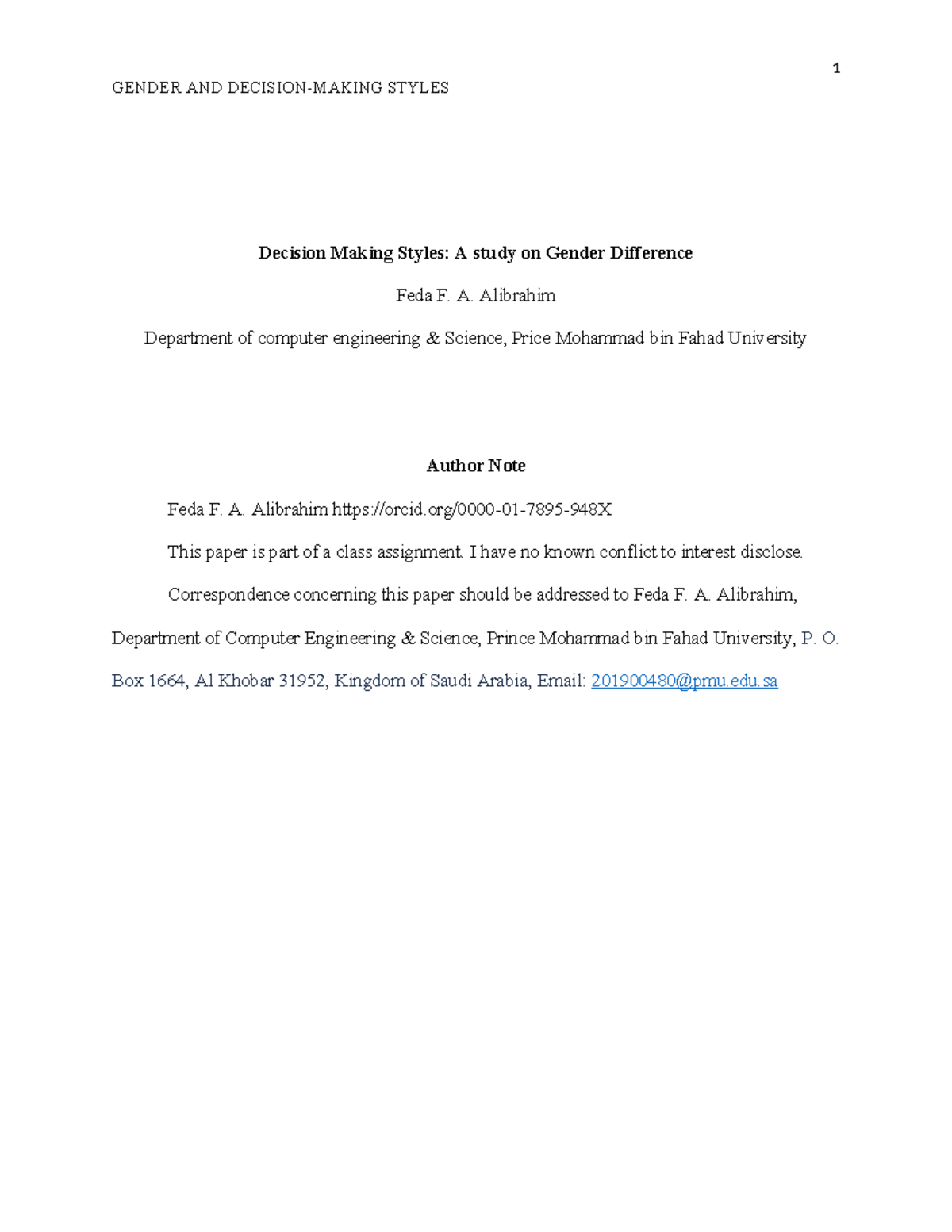 Final draft Comm assignment 2 - GENDER AND DECISION-MAKING STYLES Decision Making Styles: A ...