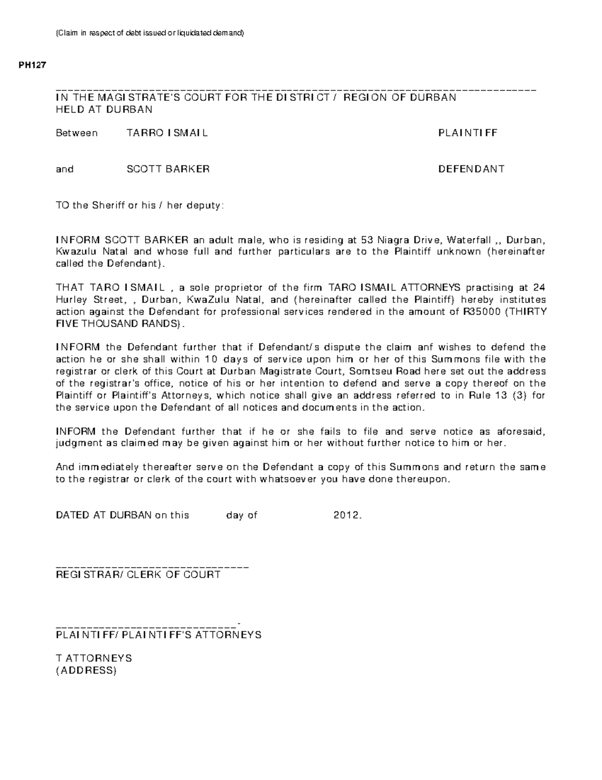 Simple Summons - (Claim in respect of debt issued or liquidated demand) PH IN THE MAGISTRATE’S ...