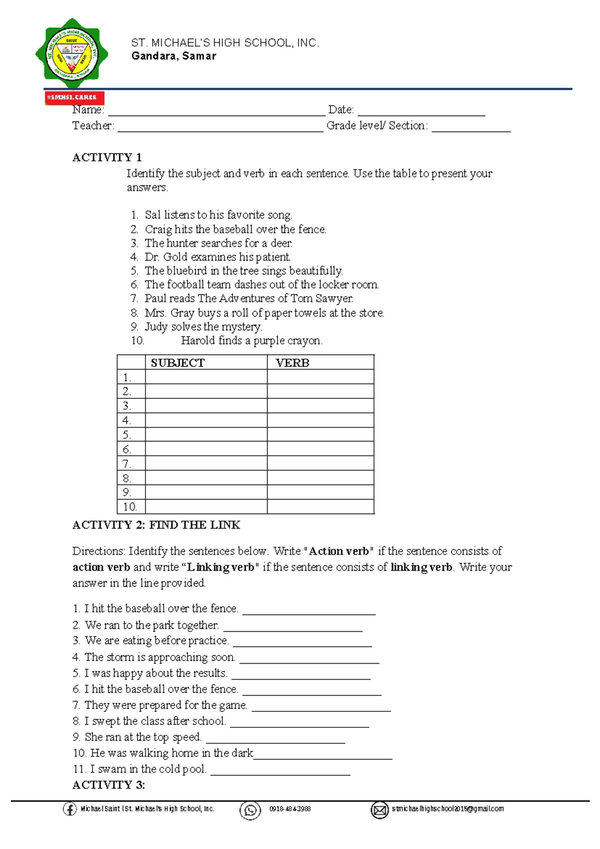 Grade 7 Activity - ENGLISH 7 - ST. MICHAEL’S HIGH SCHOOL, INC. Gandara ...