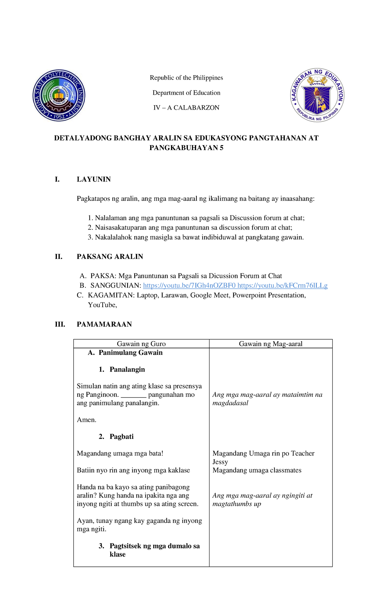 Detailed Lesson Plan- EPP 5 - Republic of the Philippines Department of ...