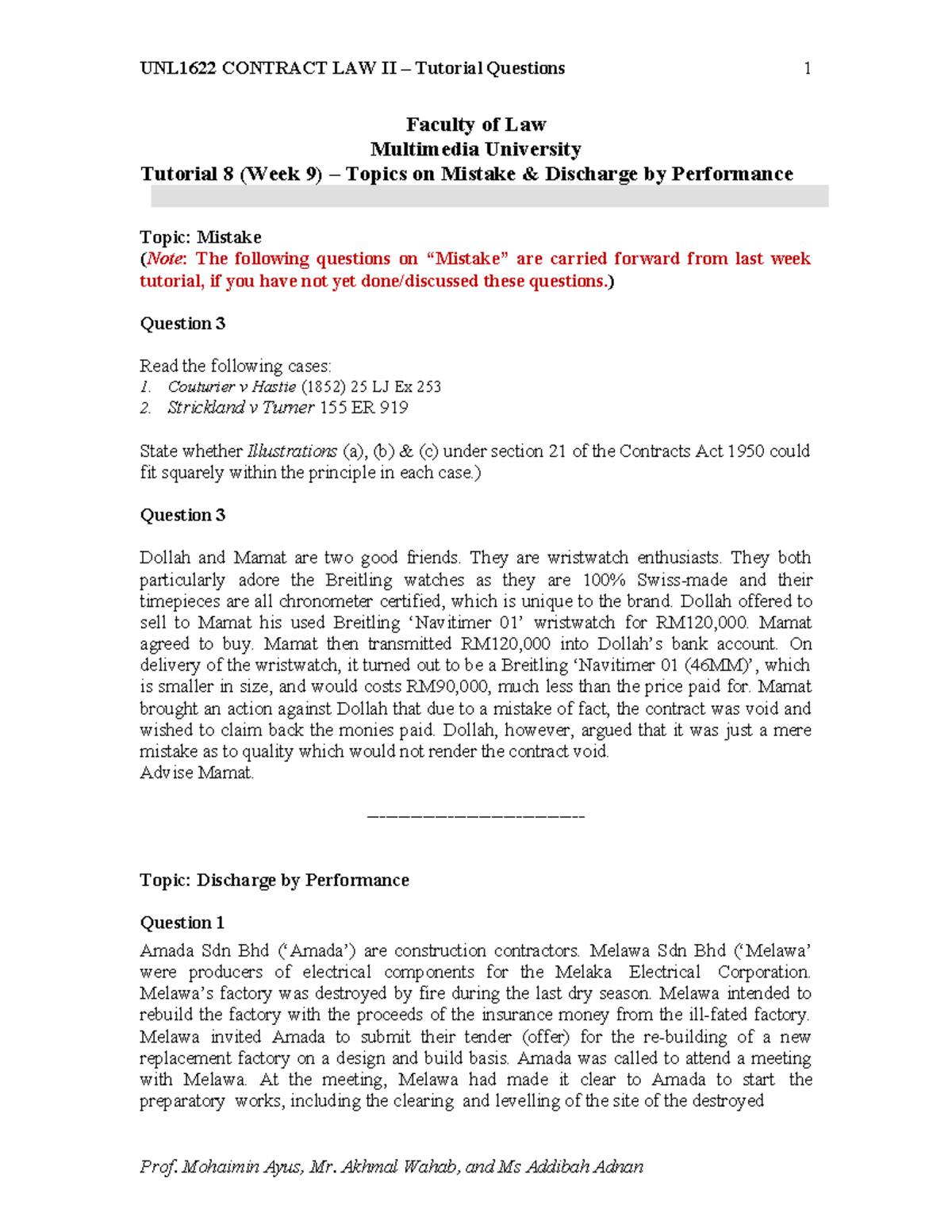 2022 Contract II - Tutorial 8 (Week 9) - Faculty of Law Multimedia University Tutorial 8 (Week 9 ...
