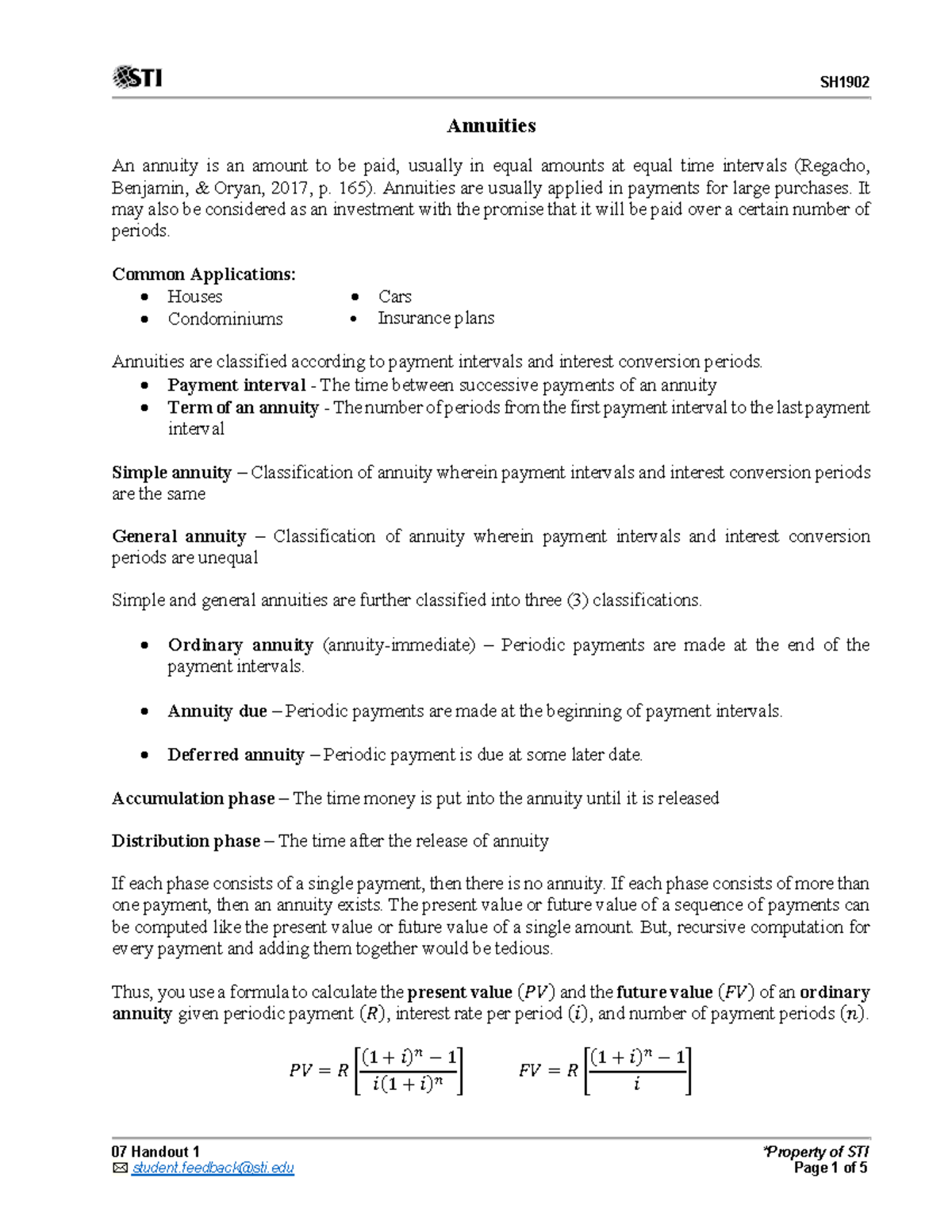 Annuities - General Mathematics - STI Handouts - 07 Handout 1 *Property of STI Annuities An ...