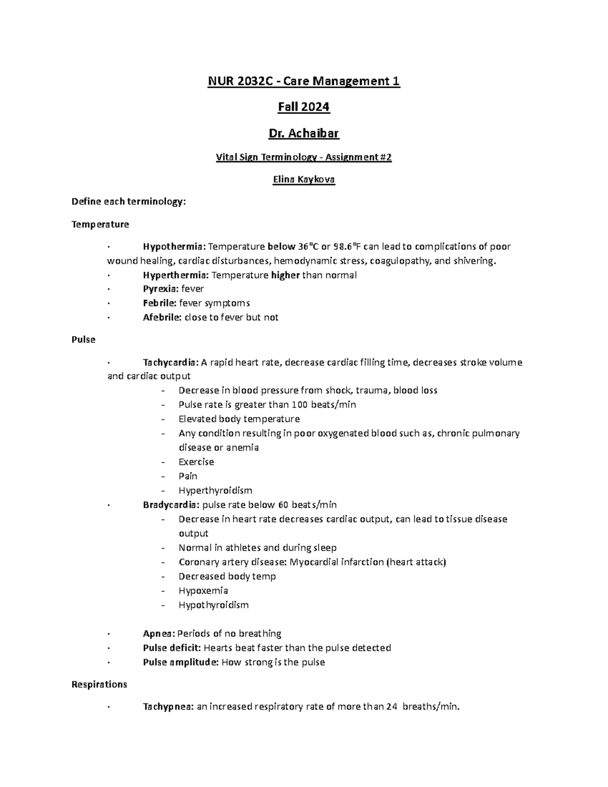 HW #2 Vital Signs terminology - NUR 2032C - Care Management 1 Fall 2024 ...