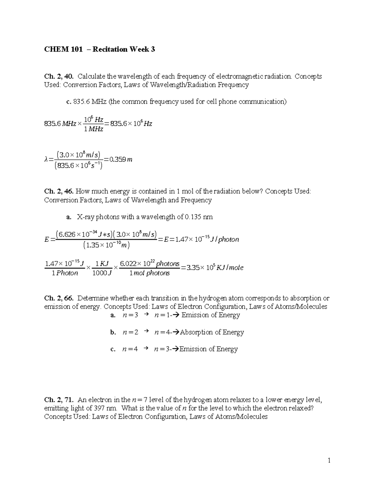 CHEM 101 Recitation Week 3 - CHEM 101 – Recitation Week 3 Ch. 2, 40 ...