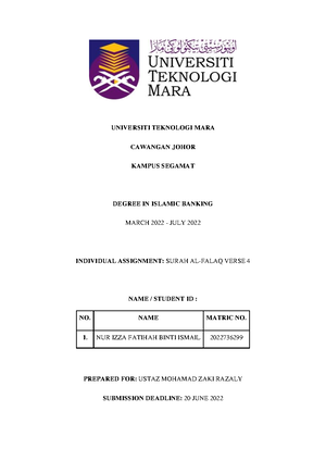 Individual Assignment FIN430 - UNIVERSITI TEKNOLOGI MARA CAWANGAN JOHOR ...