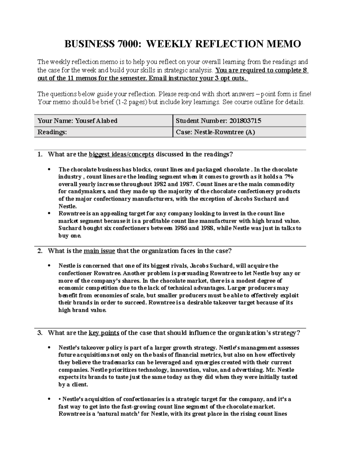 Weekly Memo nine - BUSINESS 7000: WEEKLY REFLECTION MEMO The weekly ...