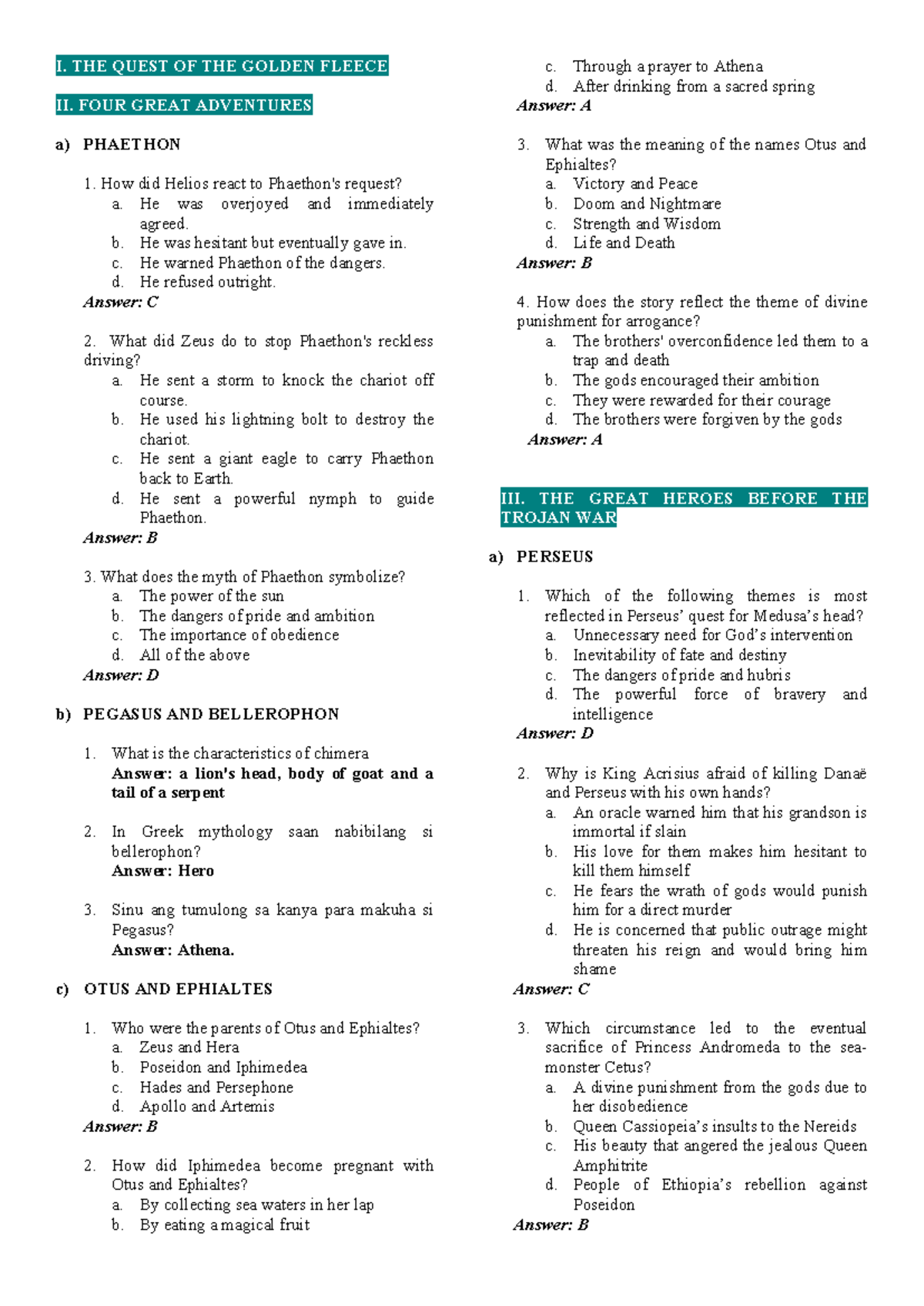 Mythology - reviewer - I. THE QUEST OF THE GOLDEN FLEECE II. FOUR GREAT ...