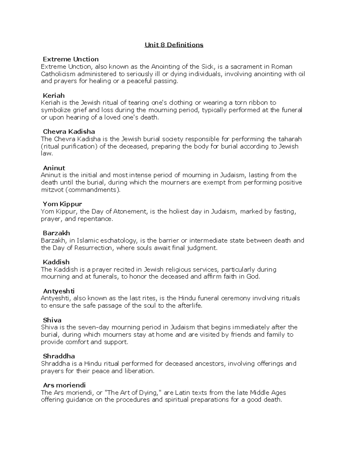 UNIT8 Death And Funerary Rituals - Unit 8 Definitions Extreme Unction ...