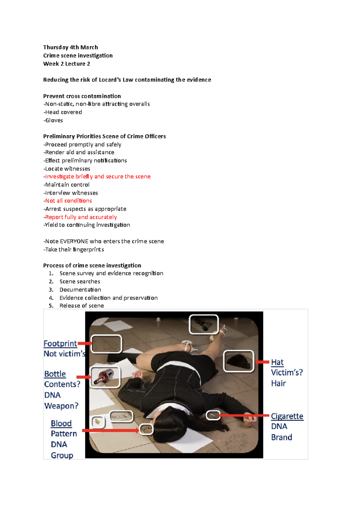 CRJU211 - Forensic Science - Lecture 4 - Thursday 4th March Crime scene ...