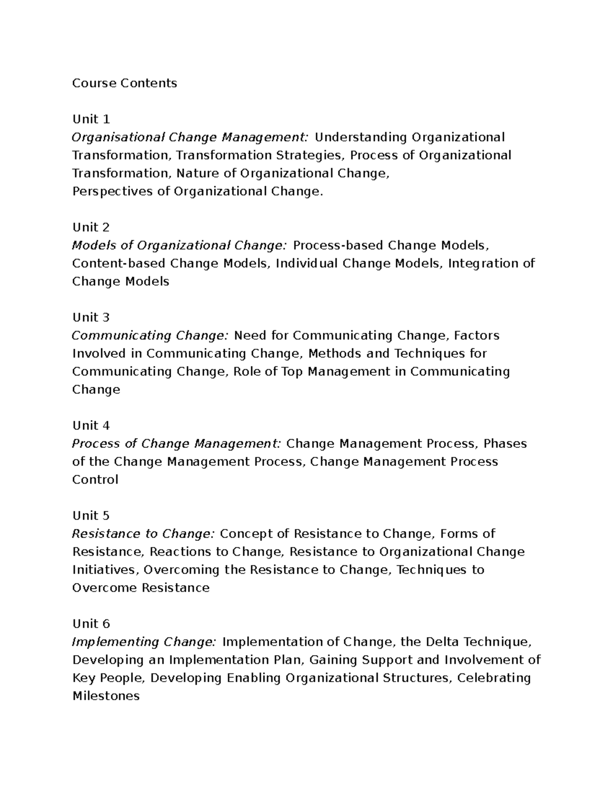 Course Contents change managemetn - Course Contents Unit 1 ...