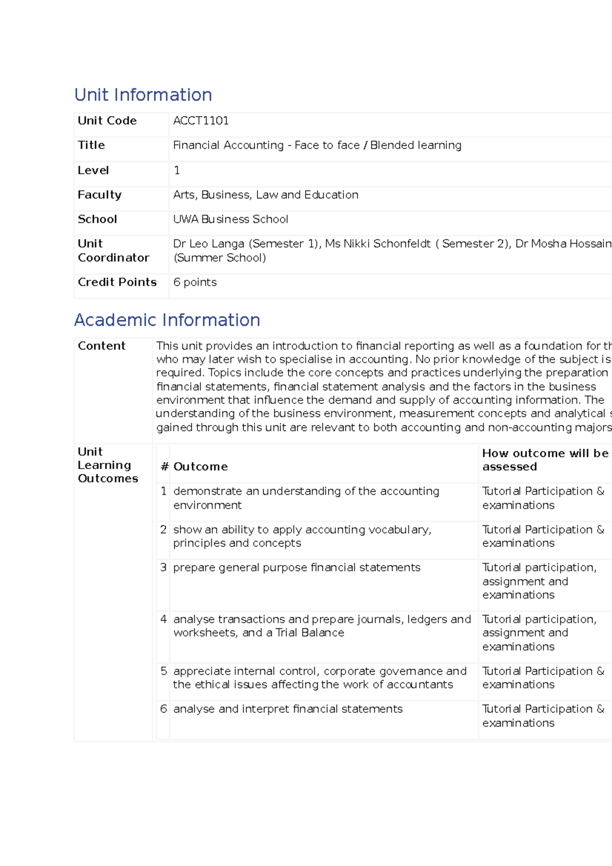 Unit infor - Unit Information Unit Code ACCT Title Financial Accounting ...