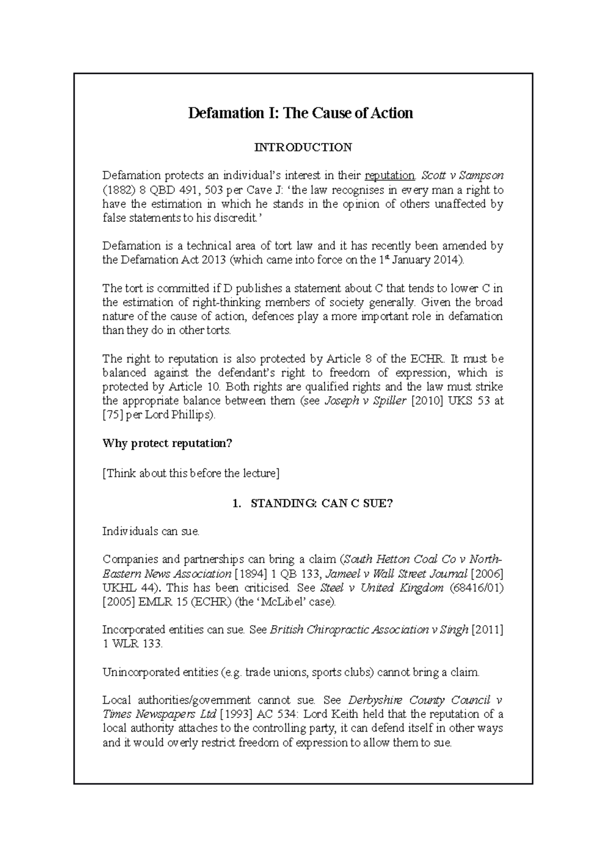 Defamation Handout - Defamation I: The Cause of Action INTRODUCTION ...