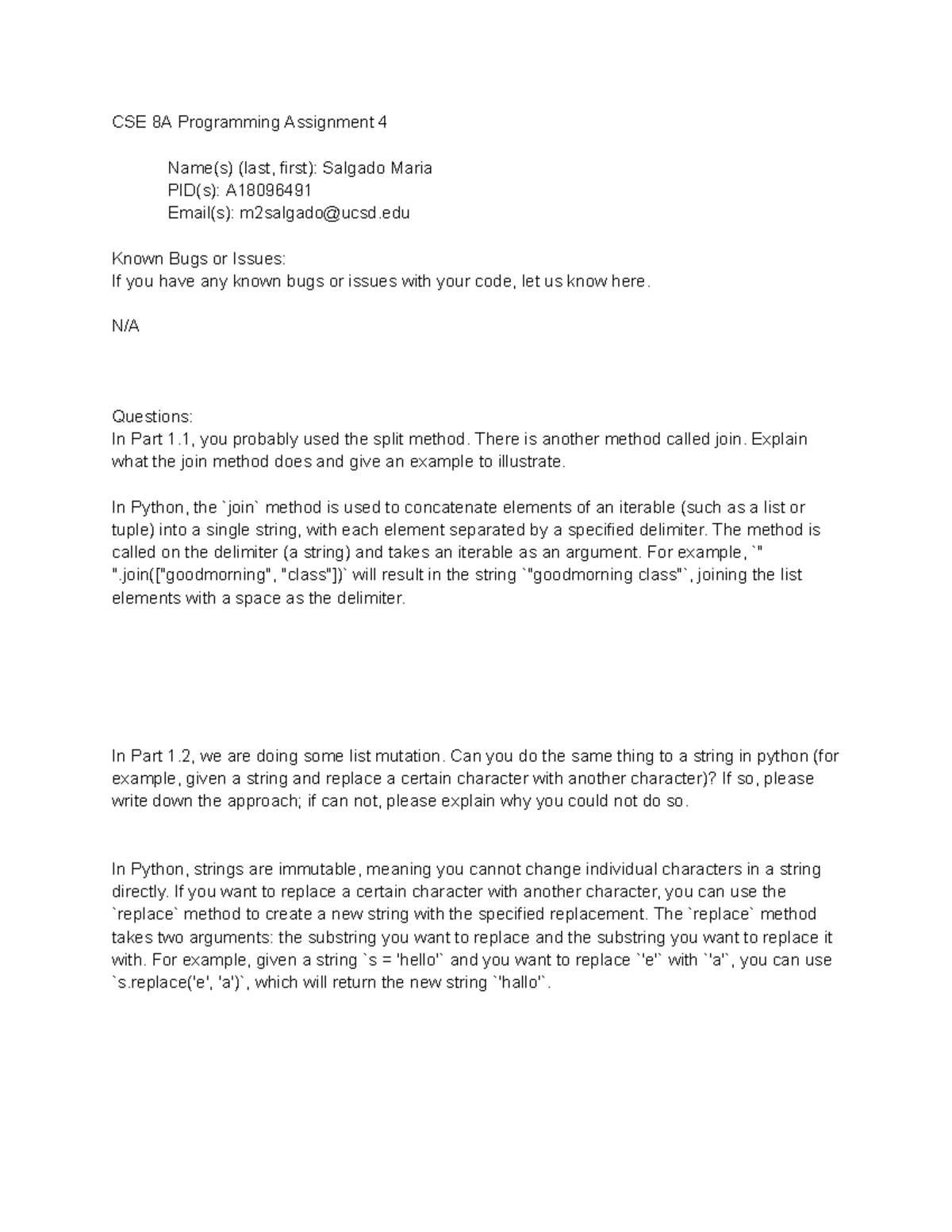 CSE 8A Programming Assignment 4 - N/A Questions: In Part 1, you ...