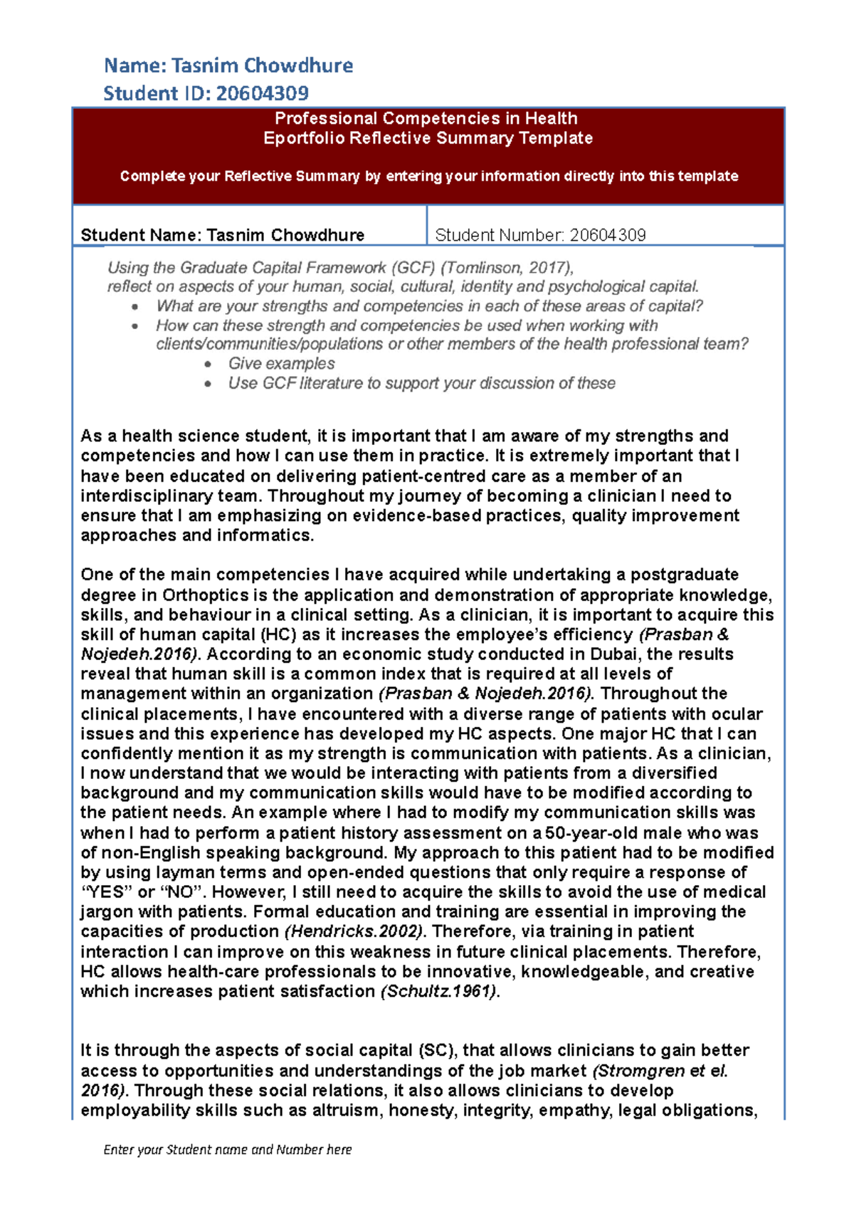 Reflective Summary template E Portfolio 17.03.2021 - Student ID ...