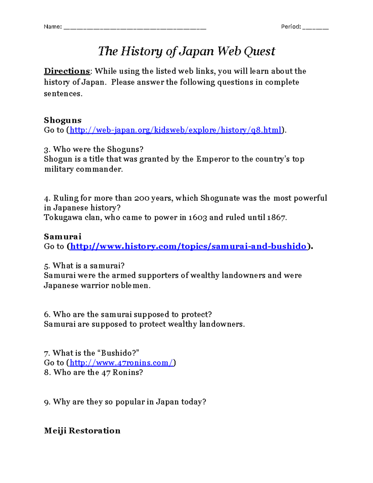 History of Japan - Web Quest - Name ...