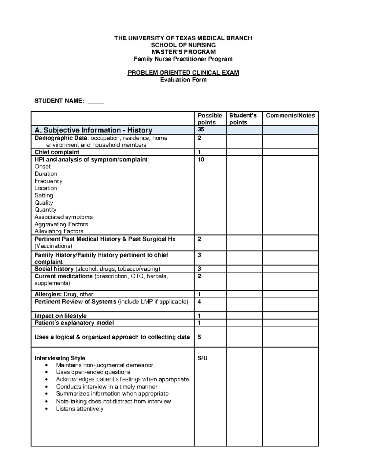 POCE Grading Form - Notes - THE UNIVERSITY OF TEXAS MEDICAL BRANCH ...