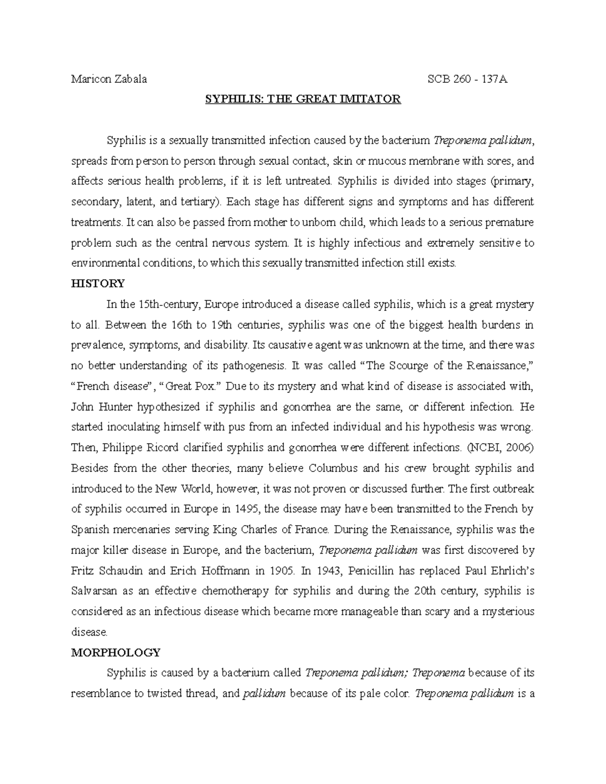 General Microbiology - SYPHILIS TERM PAPER - Maricon Zabala SCB 260 ...