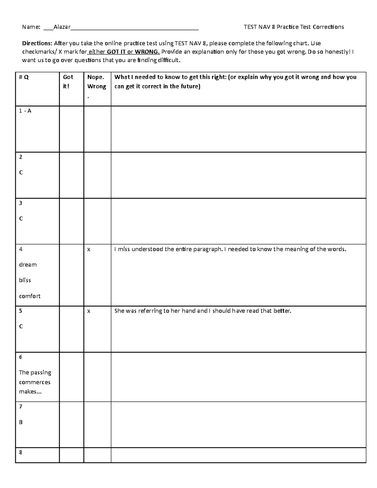 Copy of Test Nav Test Corrections Reading SOL - Name: Alazar