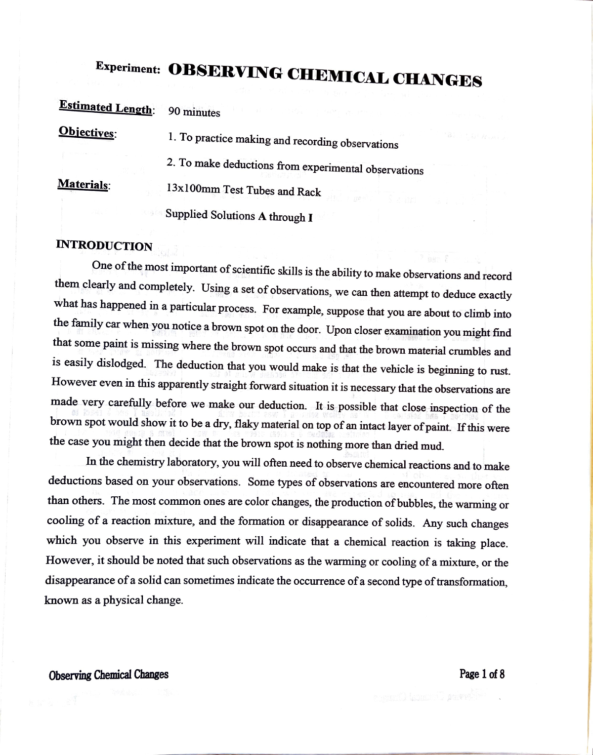 Lab manual Experiment 2 Obseving Chemical changes - Experiment ...