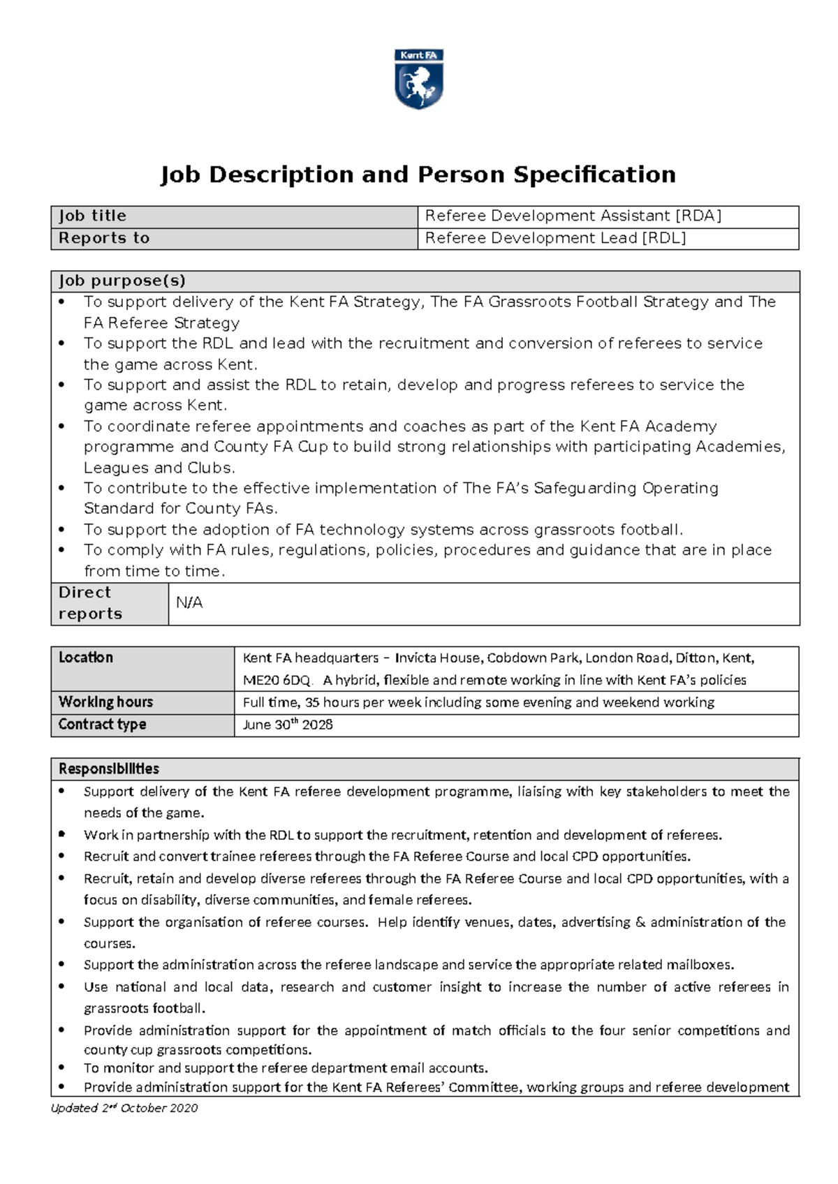 Job description and person specification rda - Job Description and ...