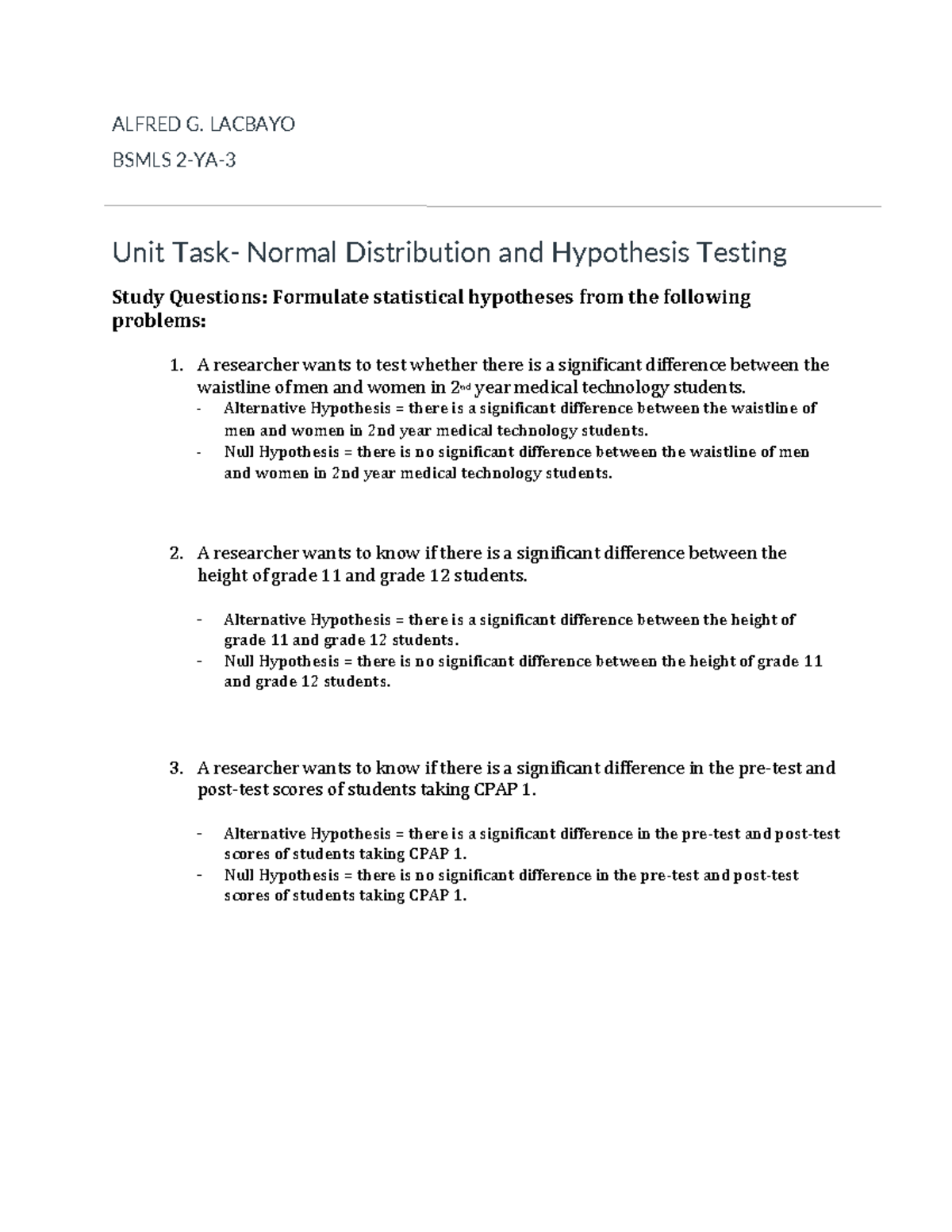 UT BIOE Normal Distribution and Hypothesis Testing - ALFRED G. LACBAYO ...