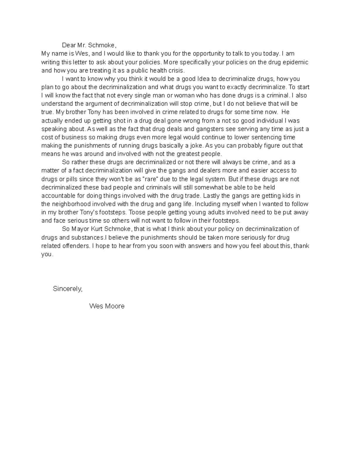 New What Makes A Character Letter Dear Mr Schmoke My Name Is Wes