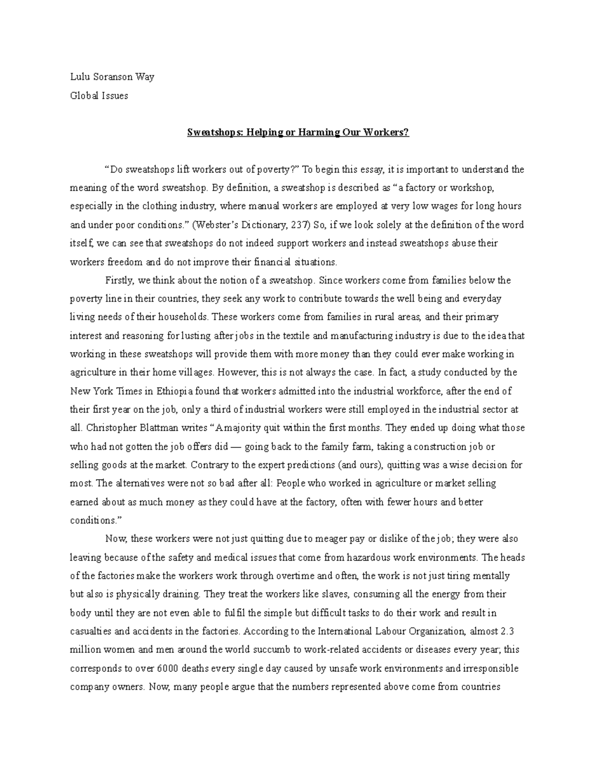 Sweatshops Essay - (GLBI) - Lulu Soranson Way Global Issues Sweatshops ...