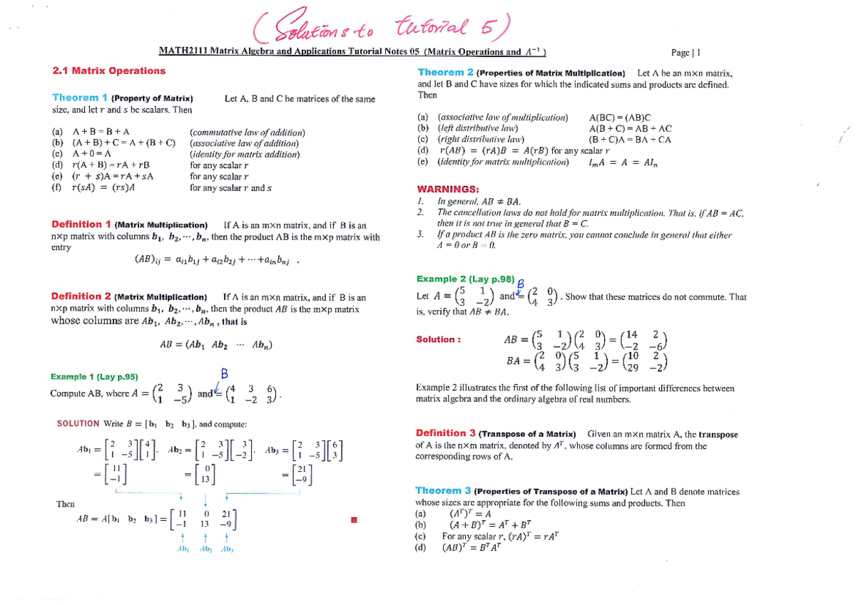 Solutions to Math 2111 (Tutorial 05) (Matrix Operation and Inverse ...