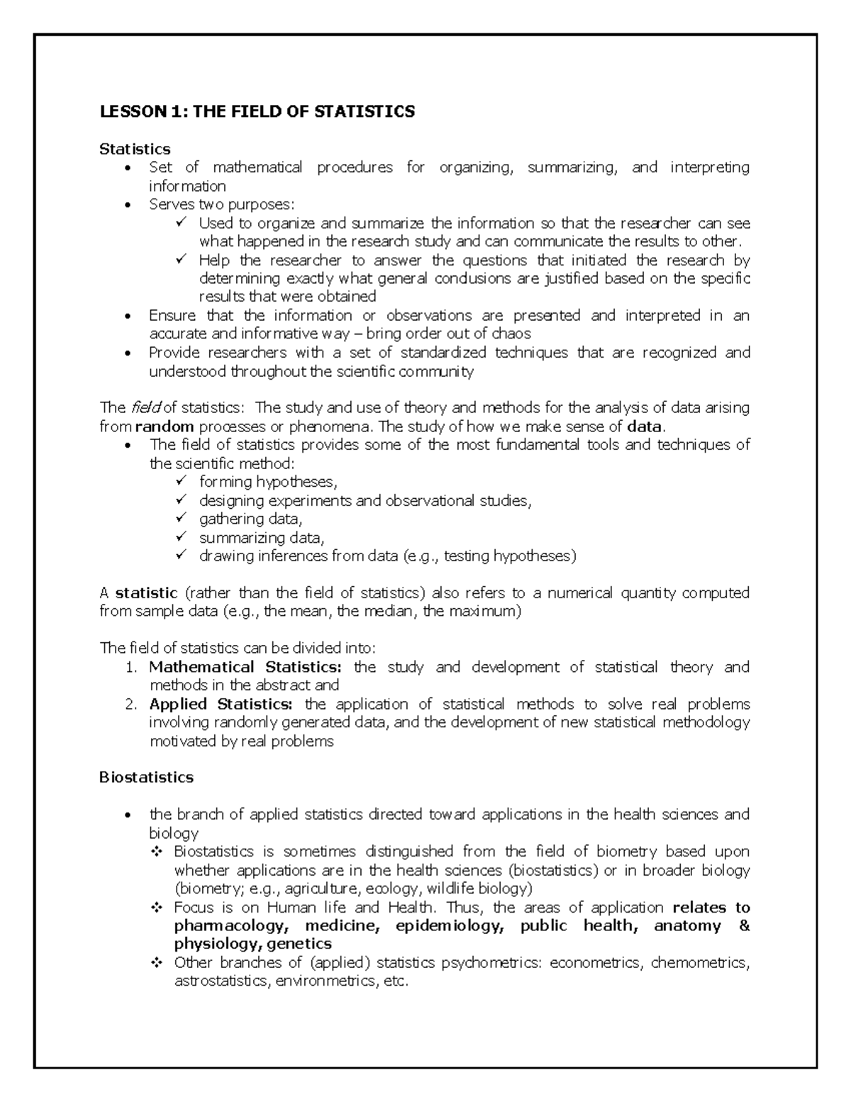 Biostat-Module 1 Field OF Statistics - LESSON 1: THE FIELD OF ...