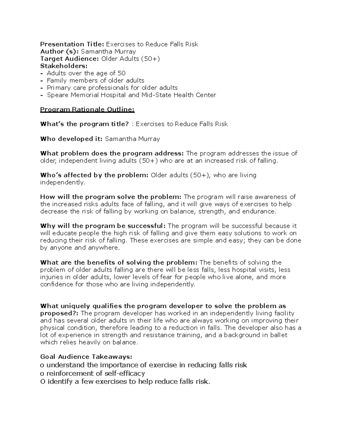 Rationale Statement - Presentation Title: Exercises to Reduce Falls ...