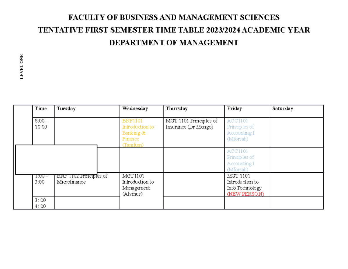Timetable 20232024 - time table for semester I - FACULTY OF BUSINESS ...