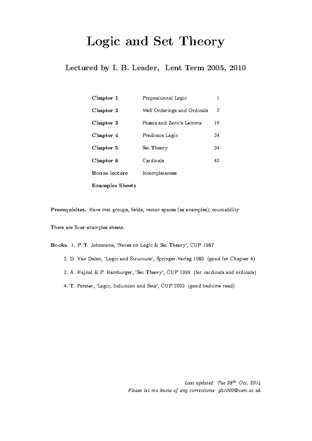 Logic And Set Theory Logic And Set Theory Lectured By I B Leader