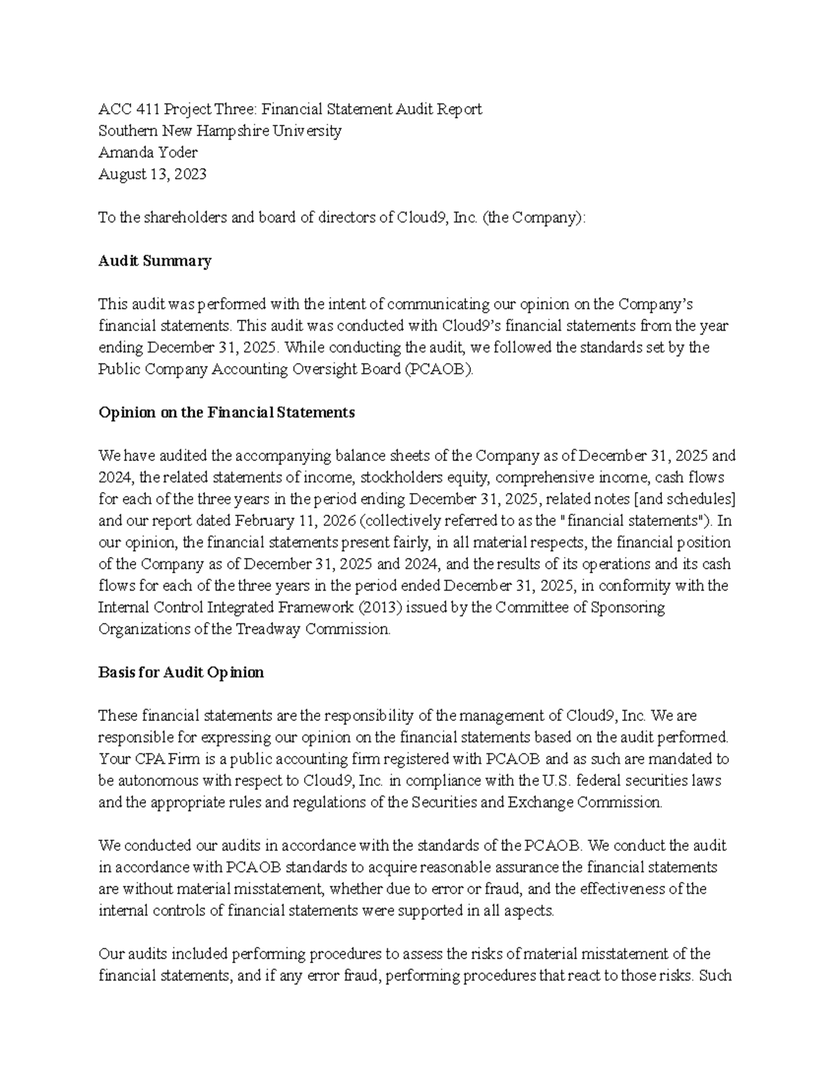 ACC 411 Project Three Financial Statement Audit Report - (the Company ...