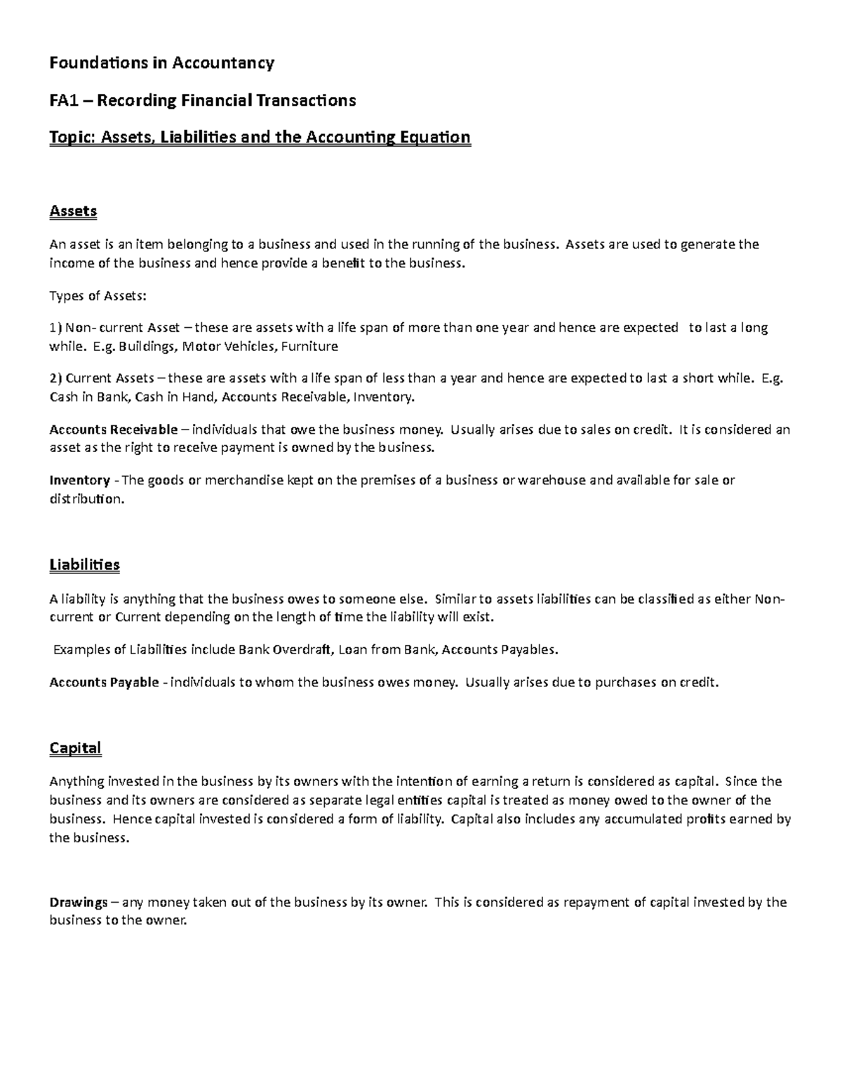 Lecture 2 - Assets, Liabilities and Accounting Equation - Foundations ...