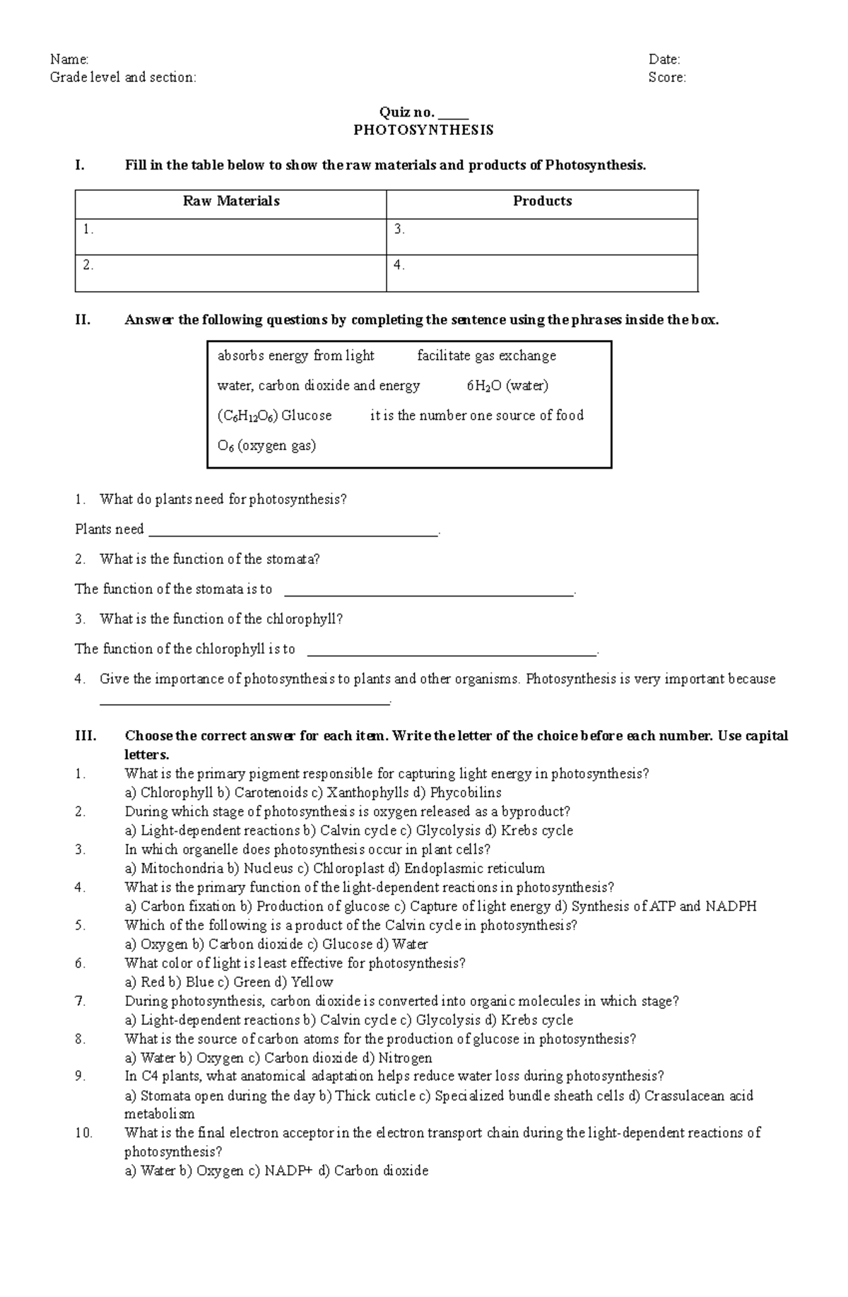 Quiz on Photosynthesis - Name: Date: Grade level and section: Score ...