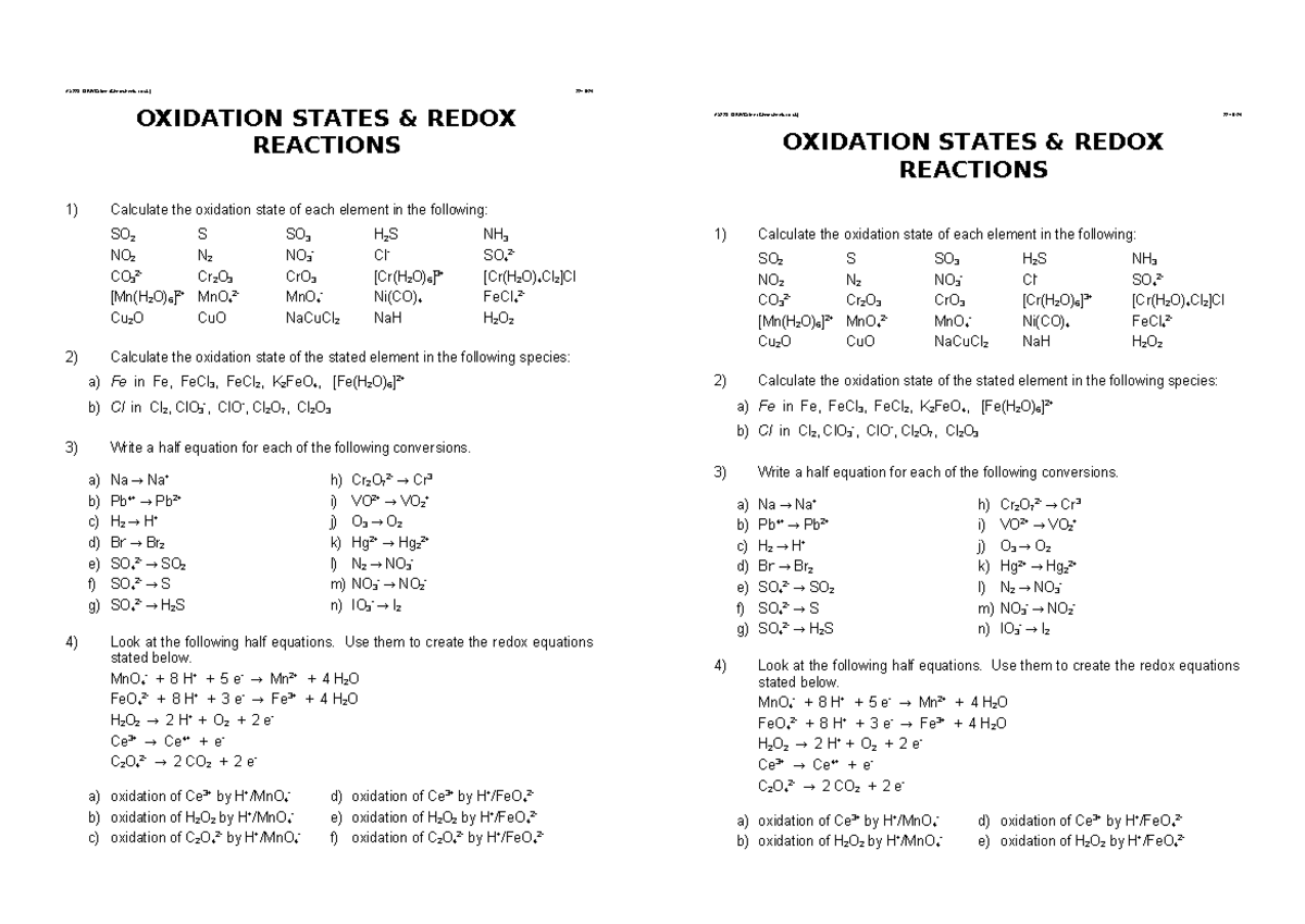 2 oxidation states and redox reactions - AS223 © RWGrime (Chemsheets.co ...