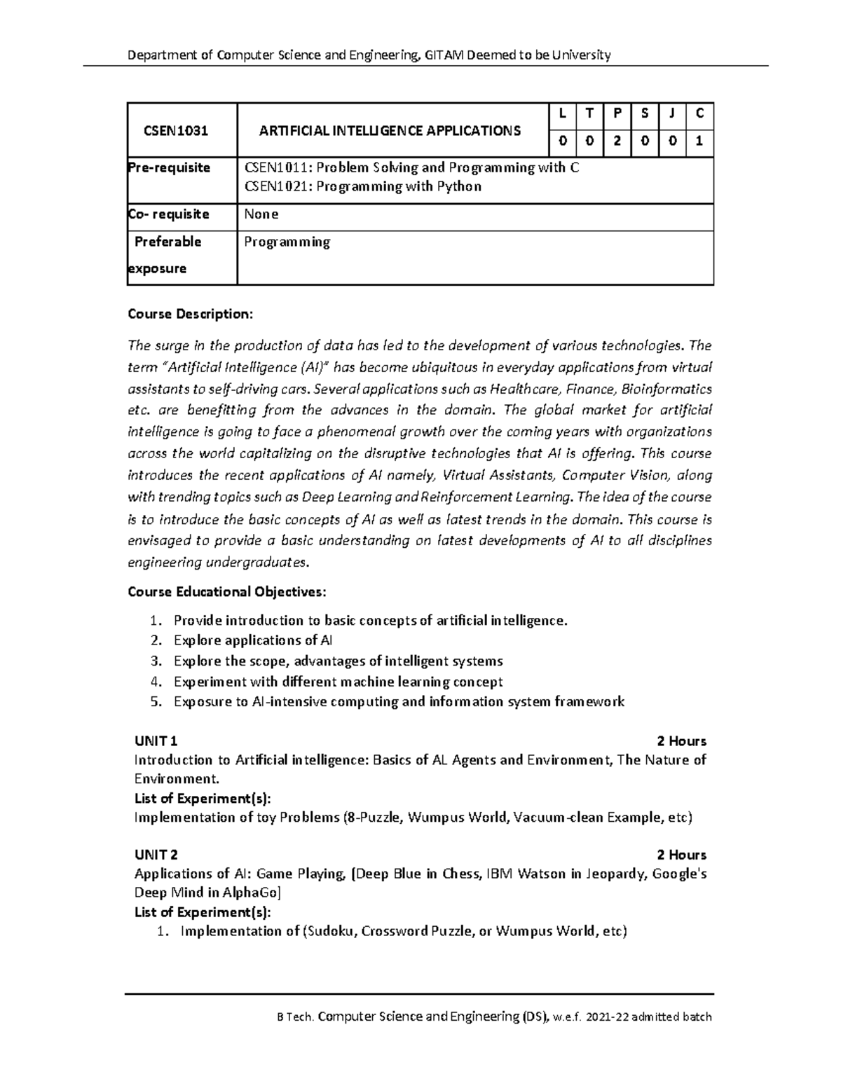 AI and Appliation CSEN1031 III Cseds A - CSEN1031 ARTIFICIAL ...