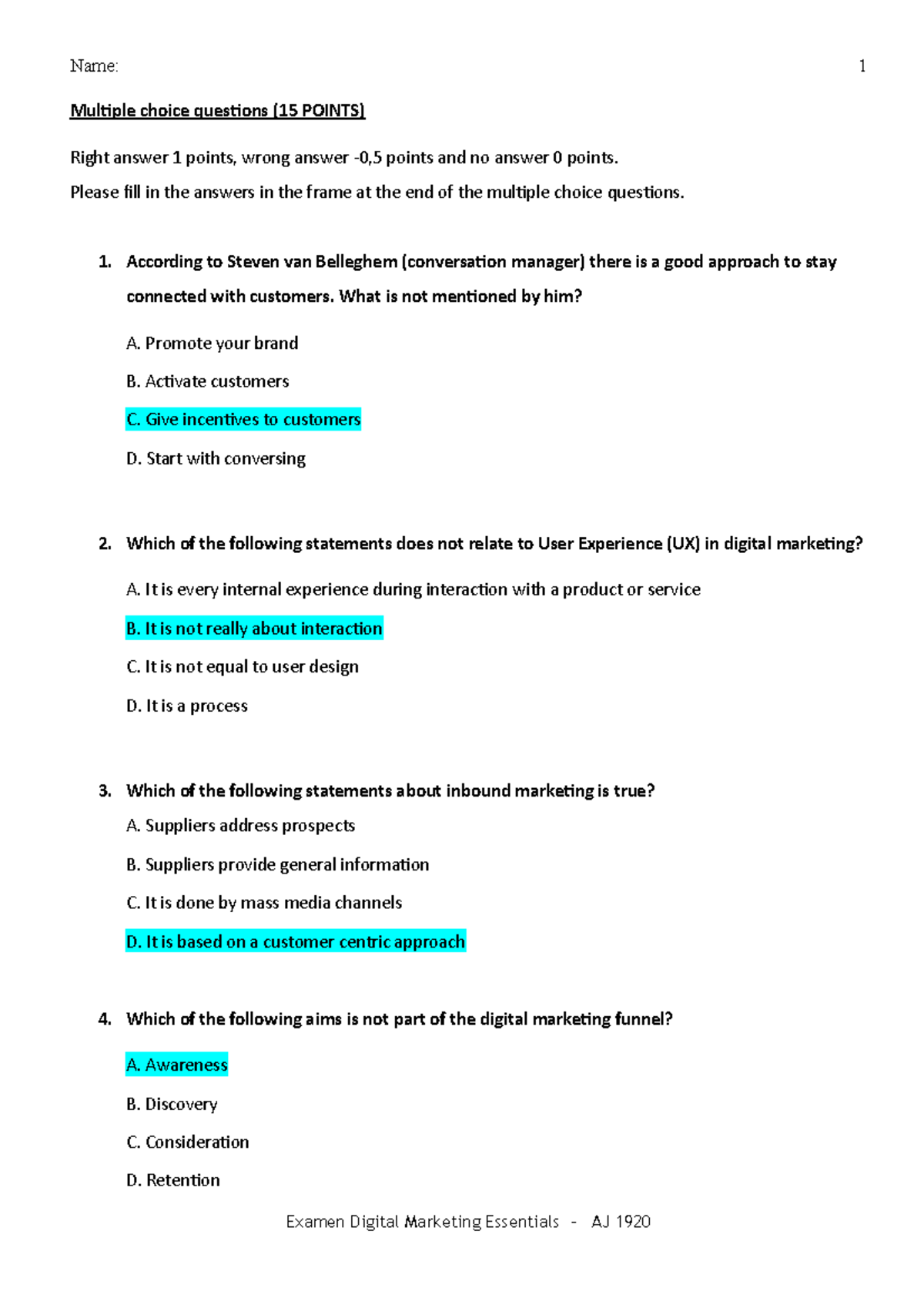 Example exam DIG MAR ESS - Multiple choice questions (15 POINTS) Right ...