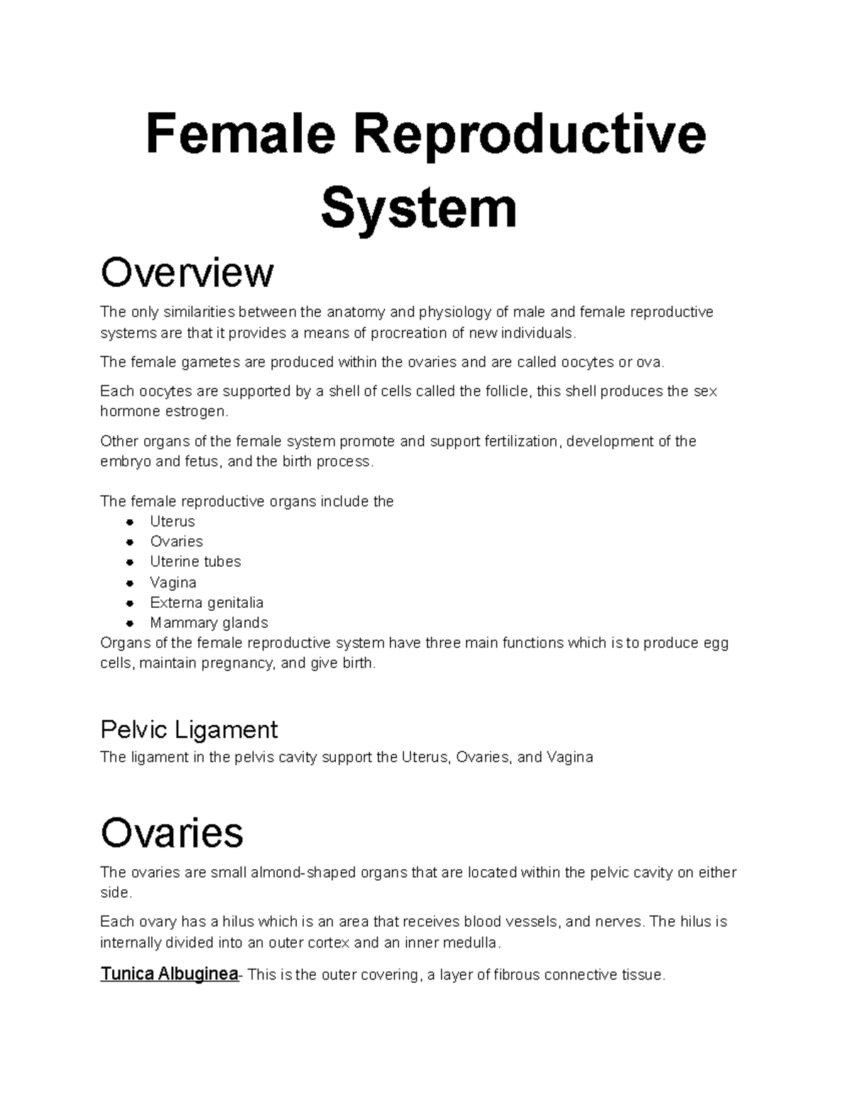 Female Reproductive System A&P Lab - Female Reproductive System ...