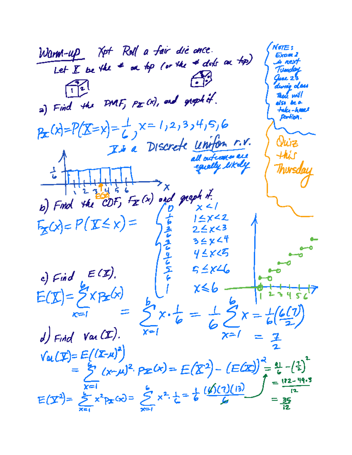 P12 (T 6-16). Useful Sum Formulas, Summary of PMF, CDF, E(X), Var, & SD ...