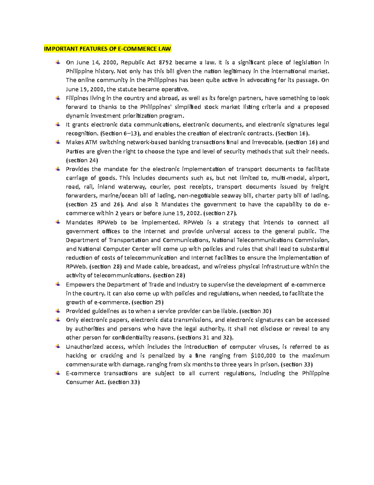 Skskksk - Notes - IMPORTANT FEATURES OF E-COMMERCE LAW On June 14, 2000 ...