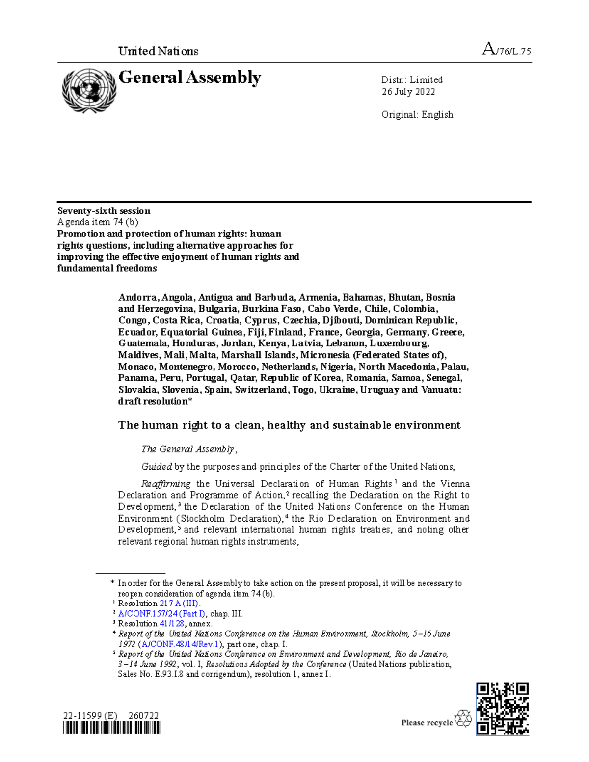 UNGA Resolution A76L75 - United Nations A/76/L. General Assembly Distr ...