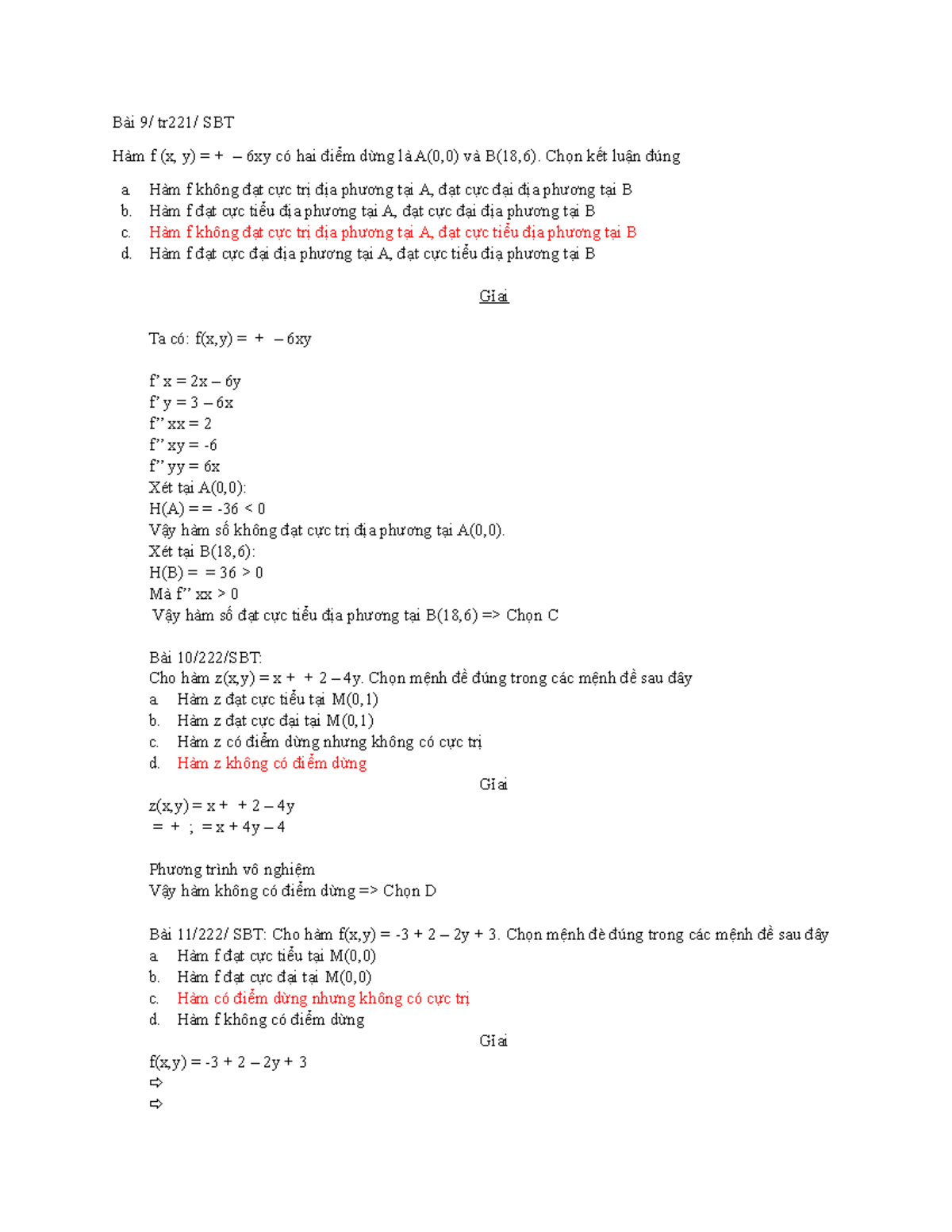 Bài 9,10,11 - Bài 9,10,11 - Bài 9/ tr221/ SBT Hàm f (x, y) = + – 6xy có hai điểm dừng là A(0,0 ...