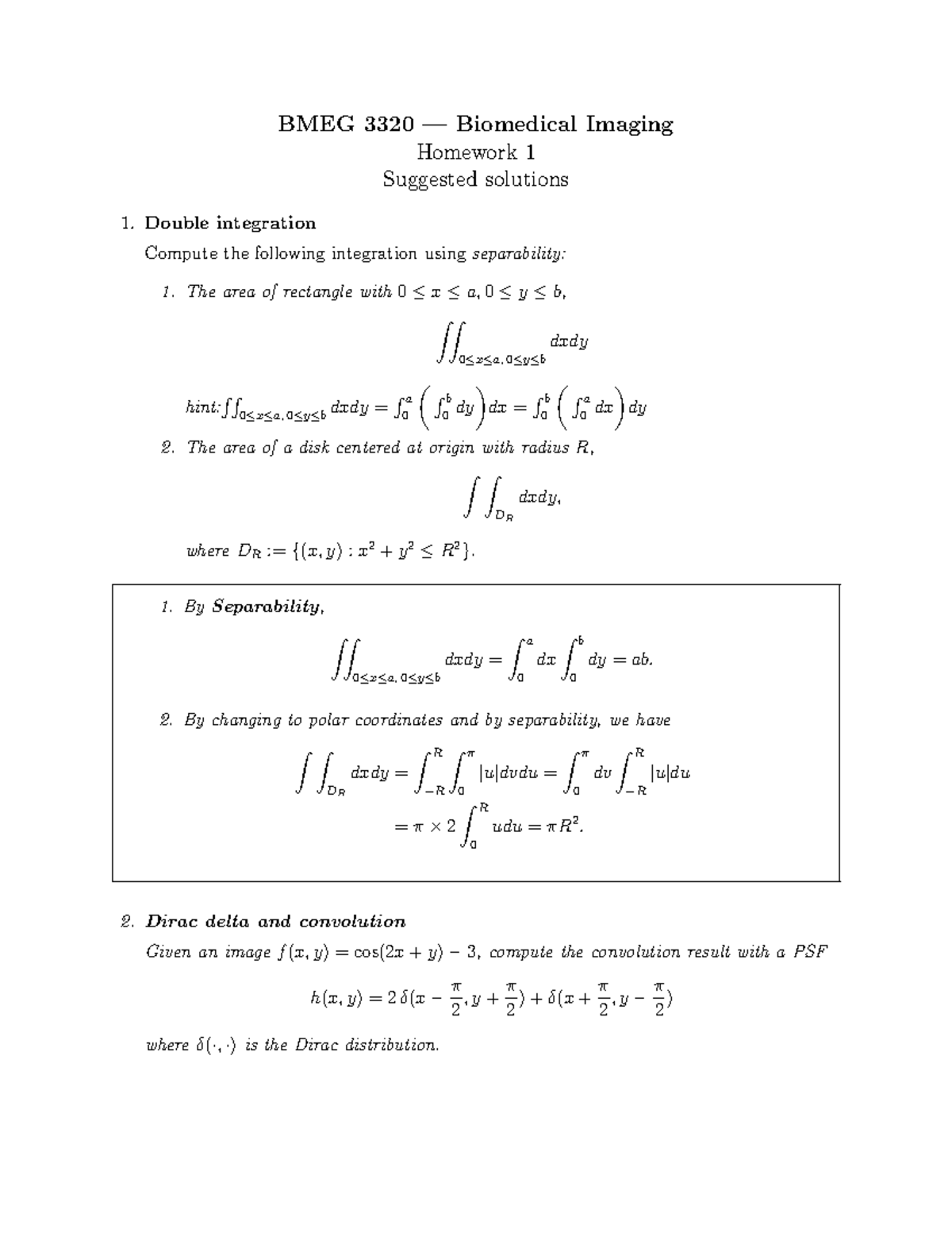 Homework 1 solutions of BMEG3320 - BMEG 3320 — Biomedical Imaging Homework 1 Suggested solutions ...